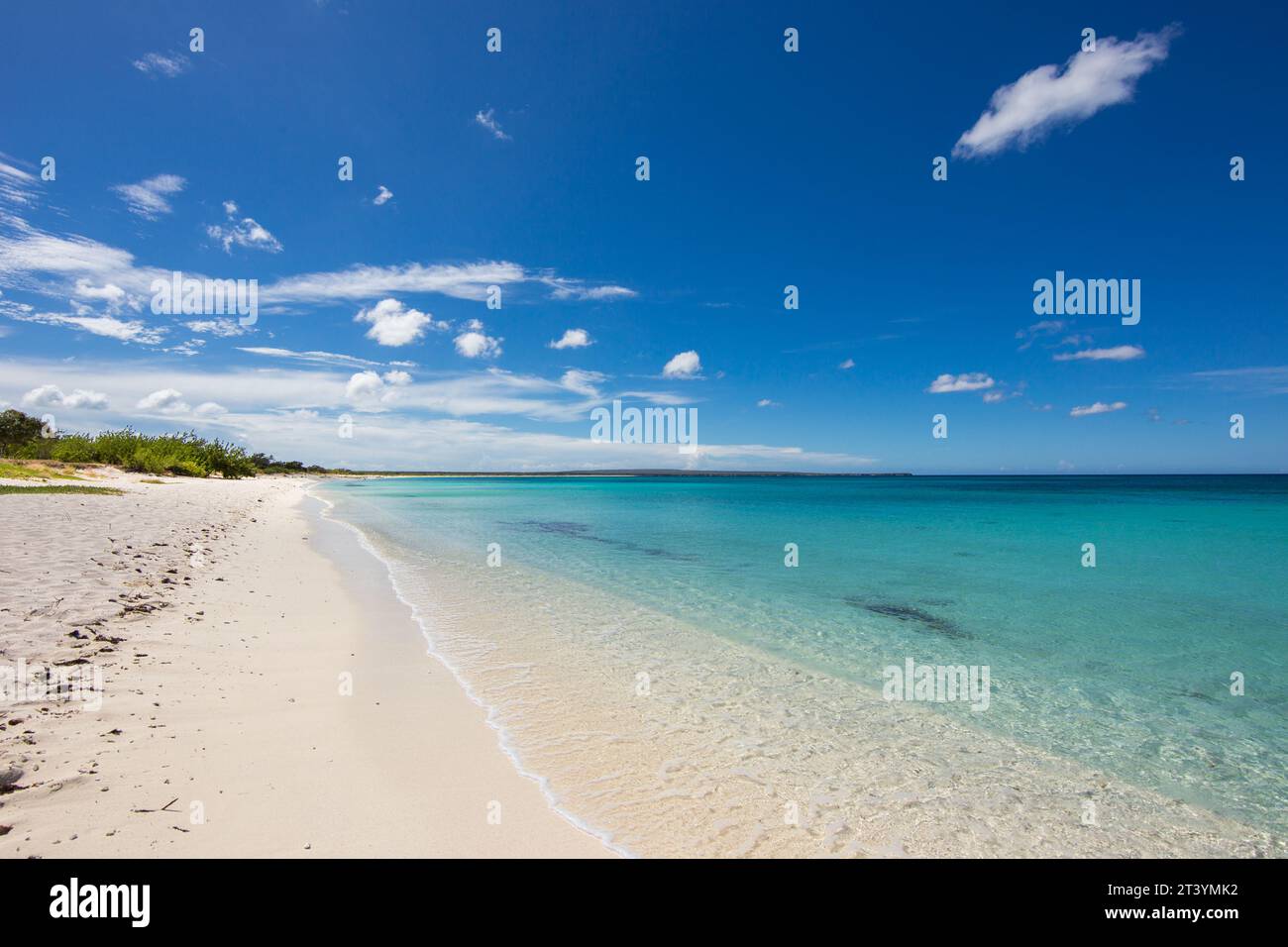 Top view of a wild deserted beach with white sand and clear water ...