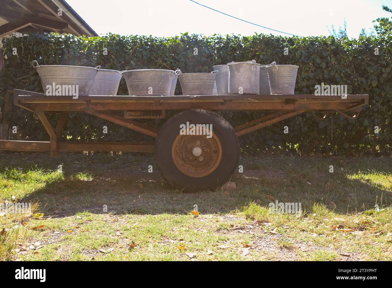 Tin buckets on a carriage in a garden Stock Photo - Alamy