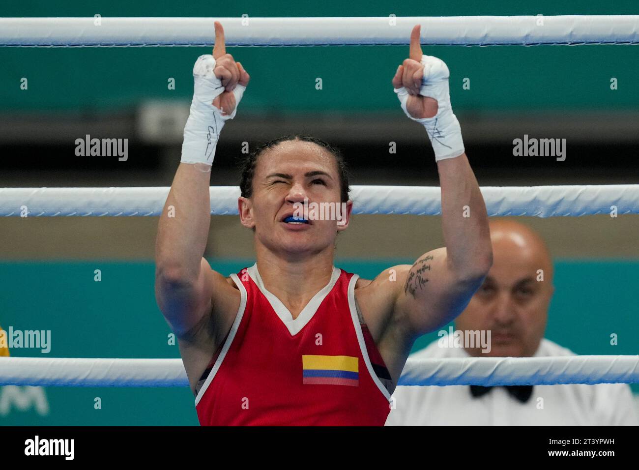 Colombia's Yeni Arias celebrates defeating Brazil's Tatiana De Jesus in ...