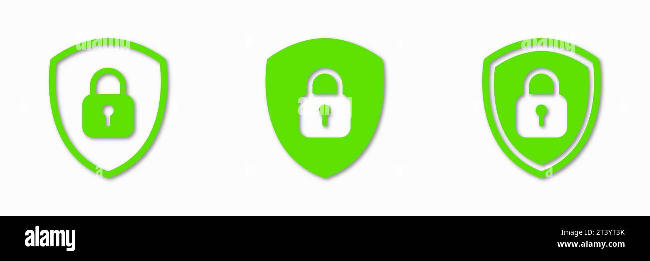 Shield green padlock lock icon set. Vector clipart illustration on ...