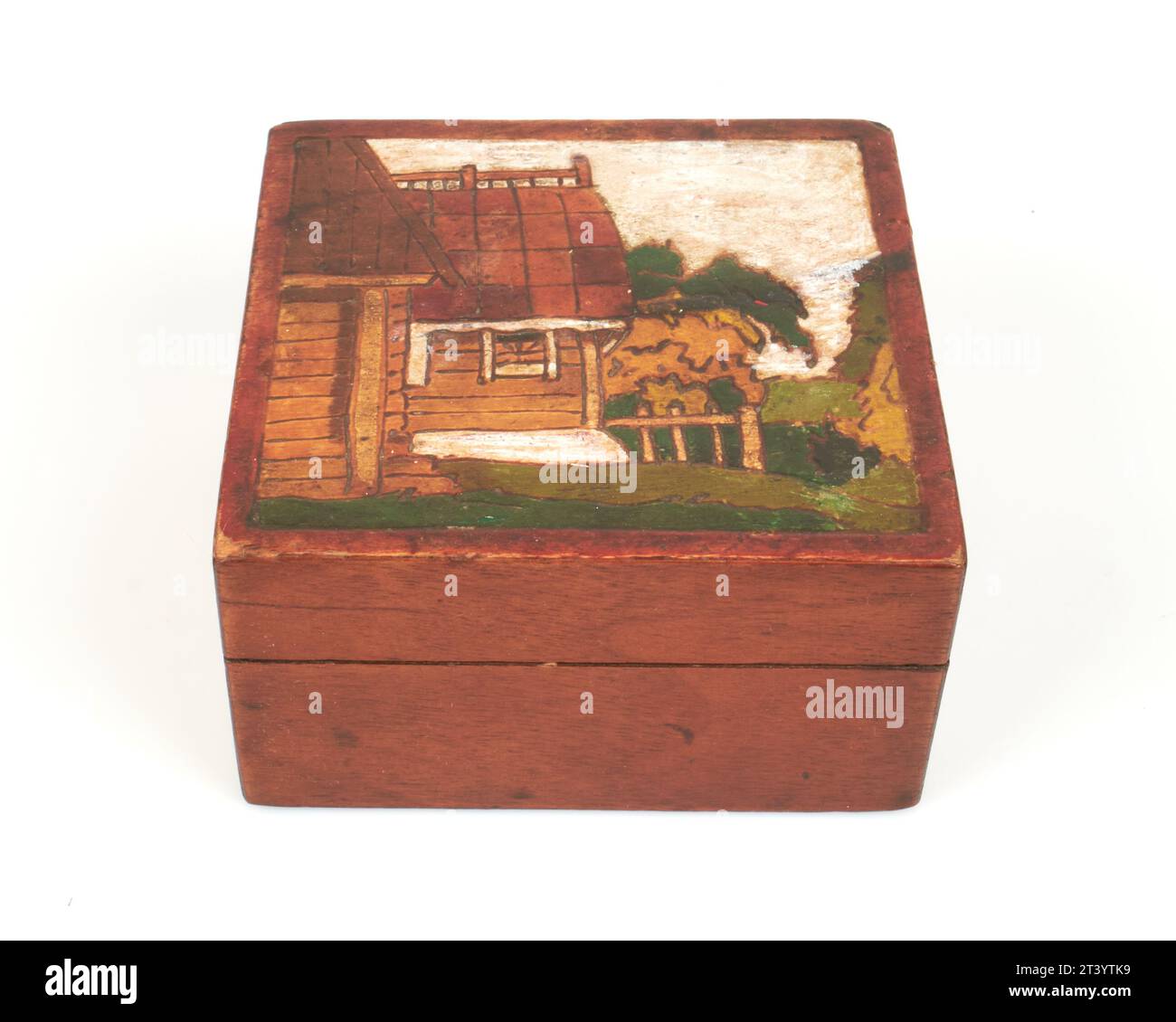 Vintage 1920-30s Russian folk art carved and painted wooden square box ...