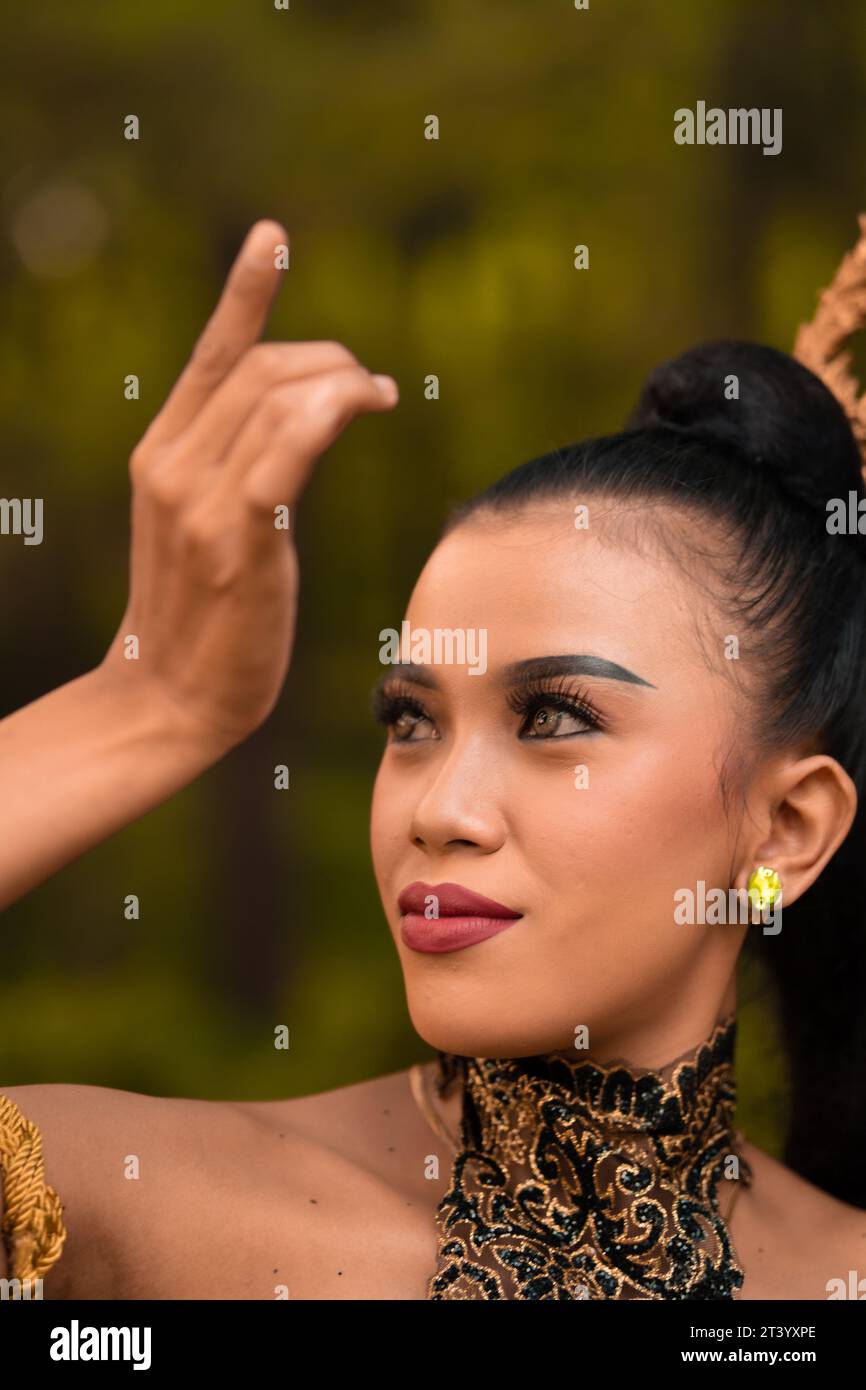 Portrait of a Balinese woman with beautiful makeup and tied black hair ...