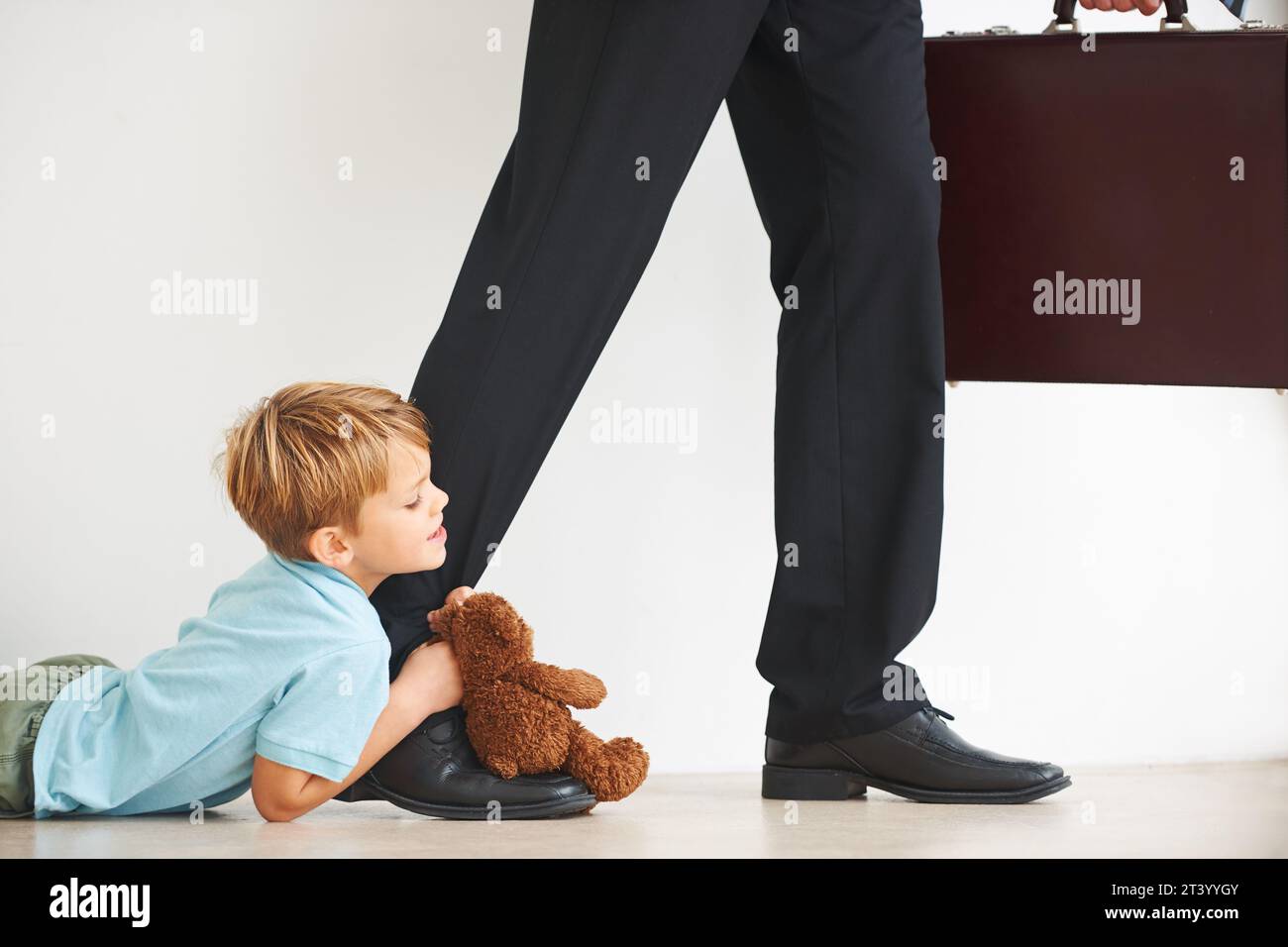 Sad, child and businessman to leave for work, tantrum and closeup with ...