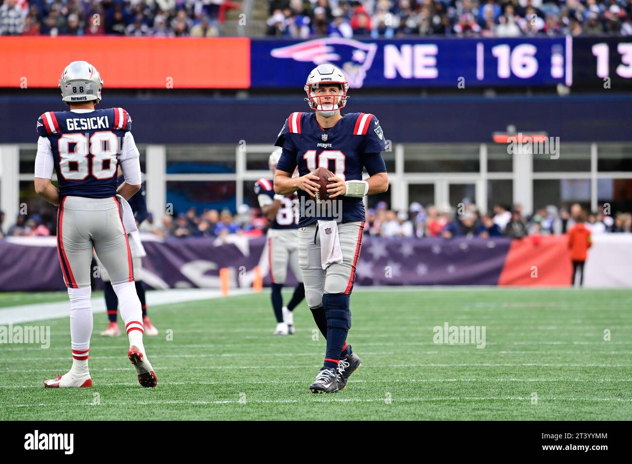 Oct 22, 2023; New England Patriots quarterback Mac Jones (10) watches ...
