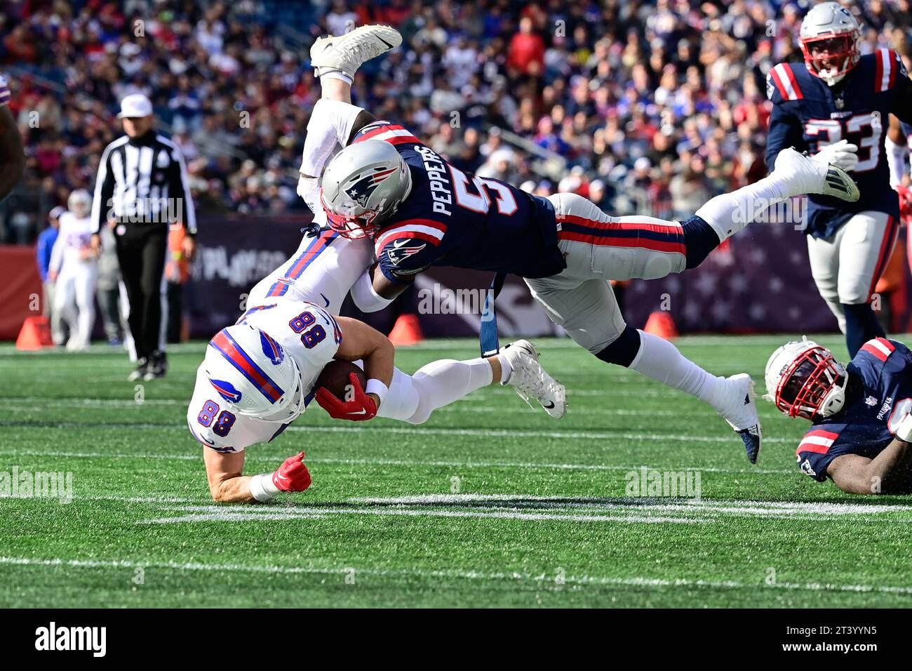 Oct 22, 2023; Buffalo Bills tight end Dawson Knox (88) is tackled by ...