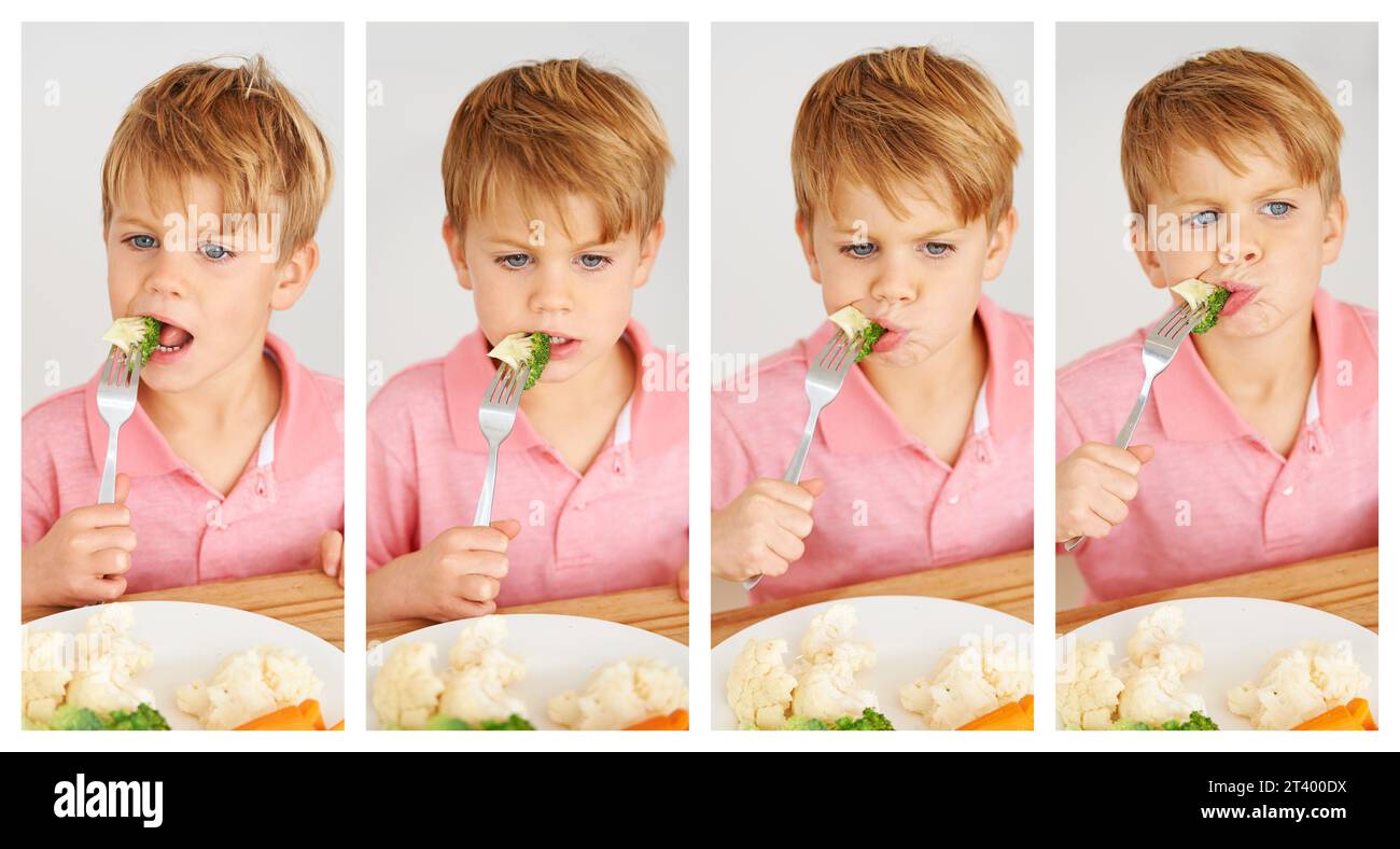 Food, wellness and child eating vegetables for a healthy, growth and ...