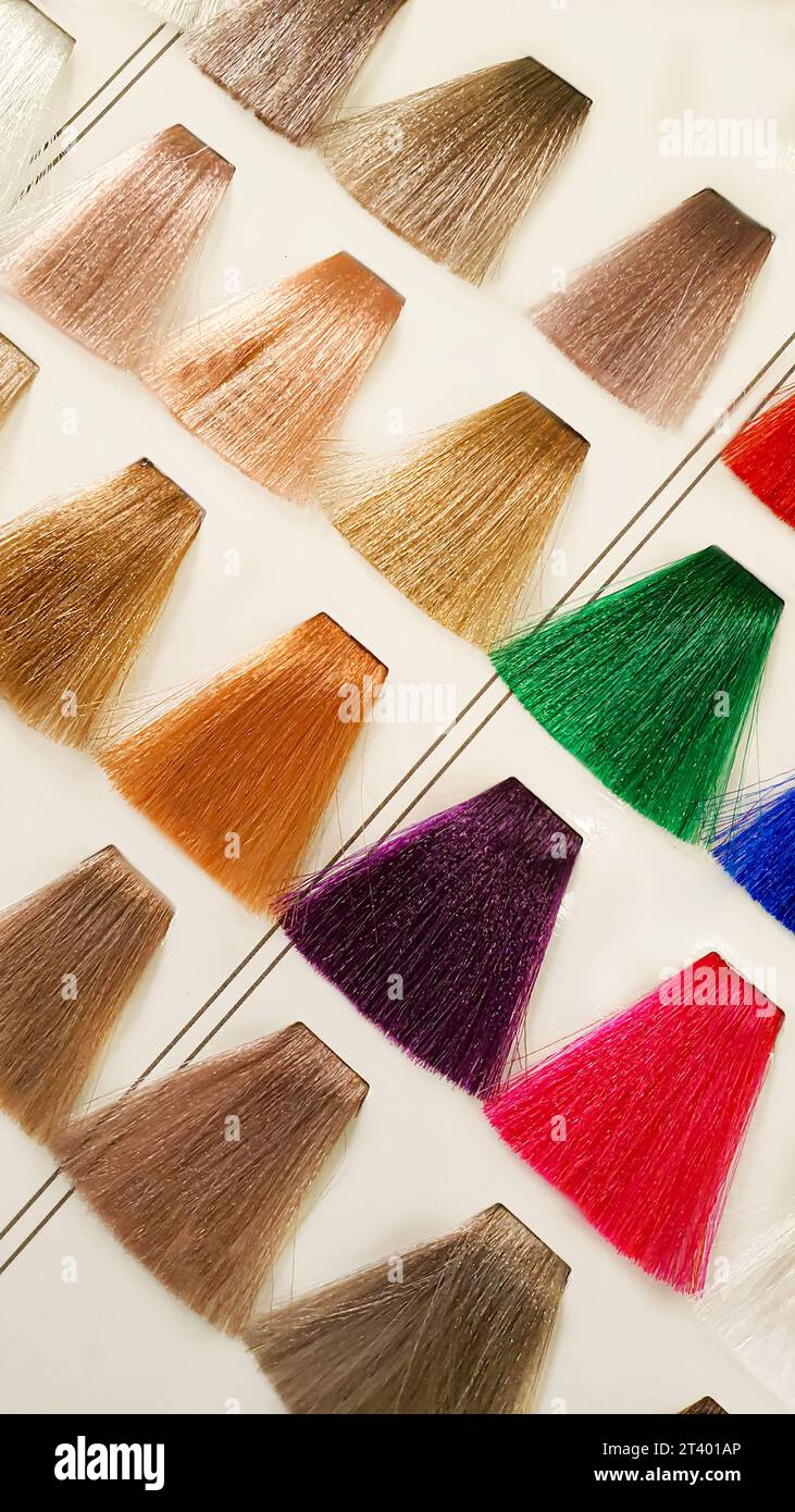 A palette of hair colors made from artificial strands on a white ...