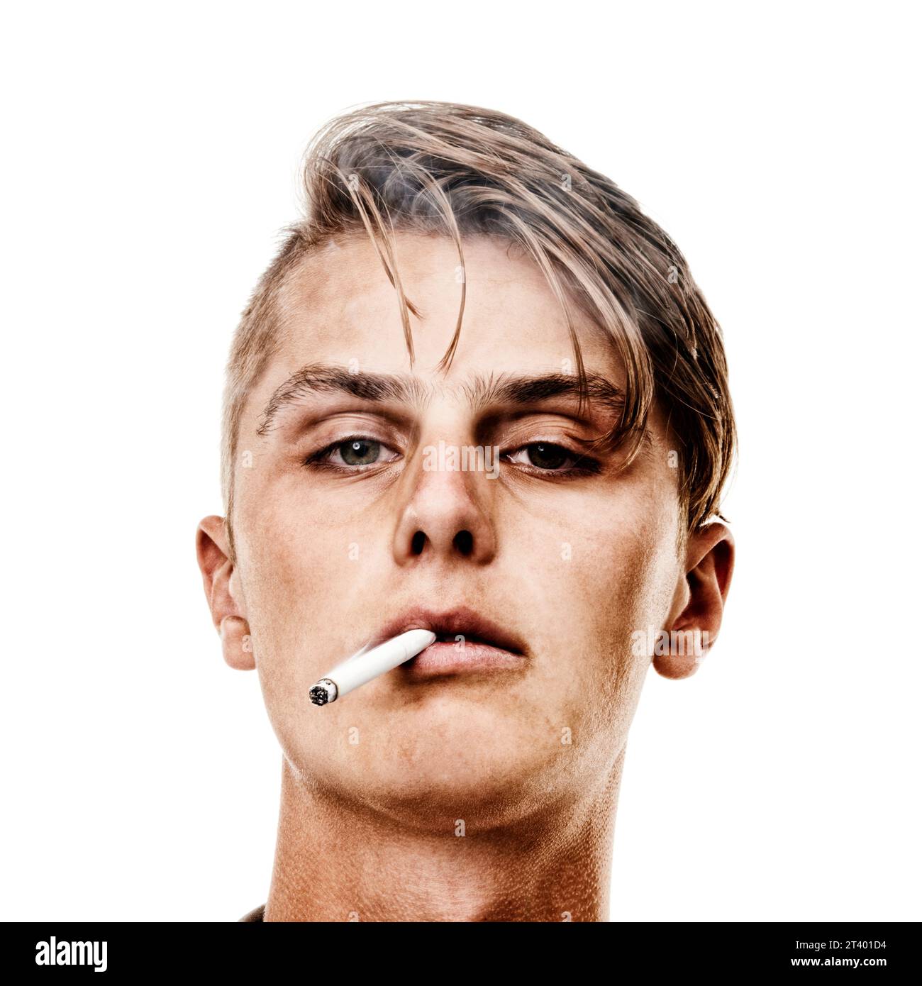 Portrait, studio or man smoking a cigarette for stress, toxic addiction ...