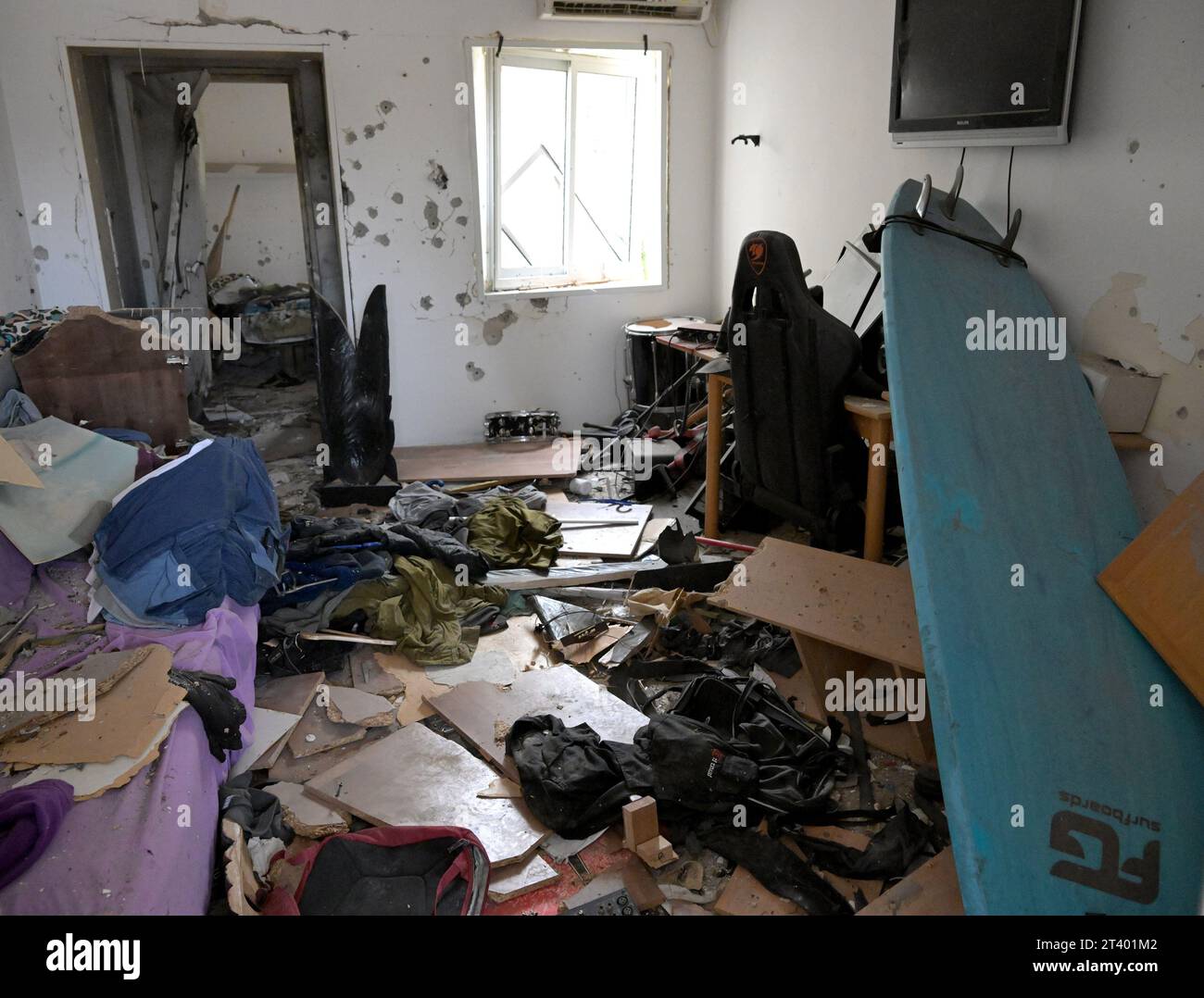 Kibbutz Kfar Aza, Israel. 27th Oct, 2023. Bullet holes and blood are ...