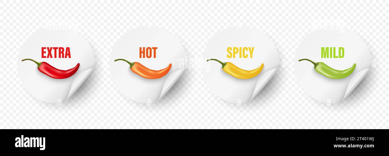 Realistic Vector Round Stickers with Spicy Chili Pepper Levels. Red ...