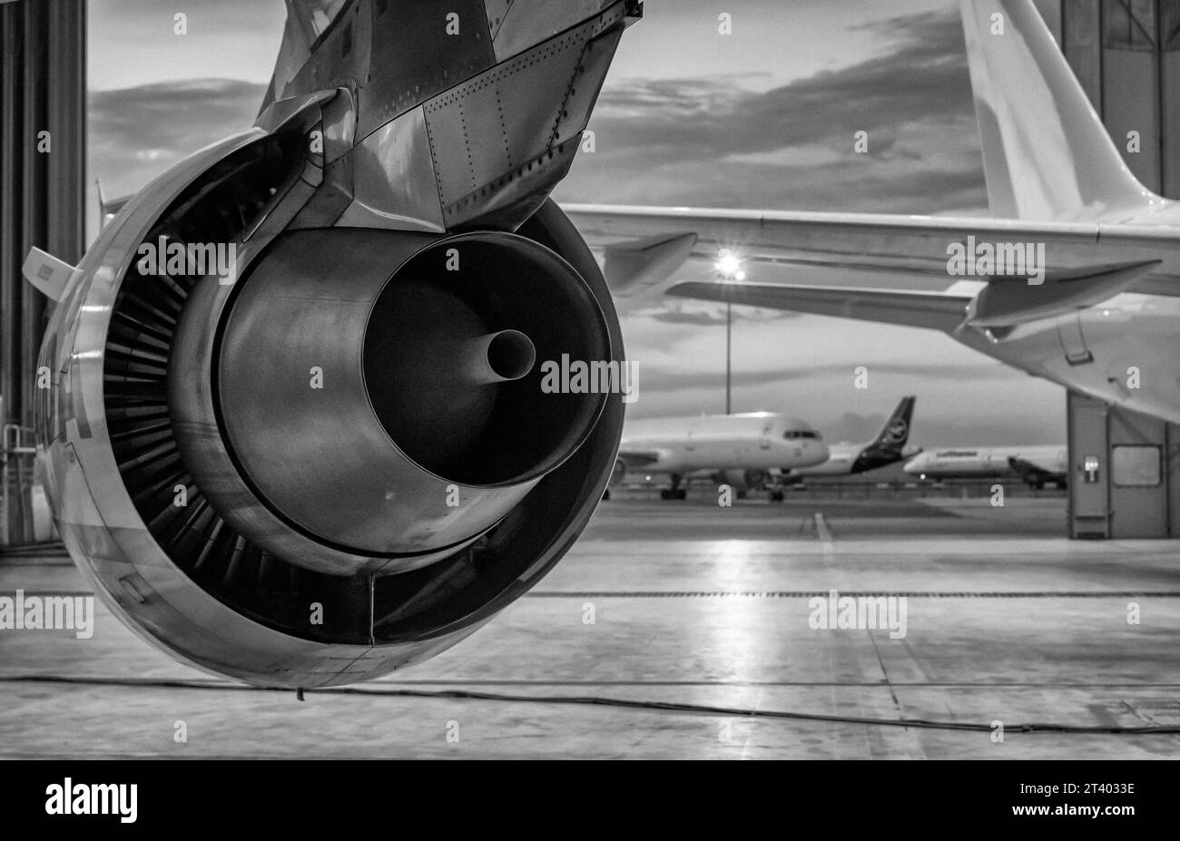 Detail of an airplane turbine from the rear inside the hangar at the ...