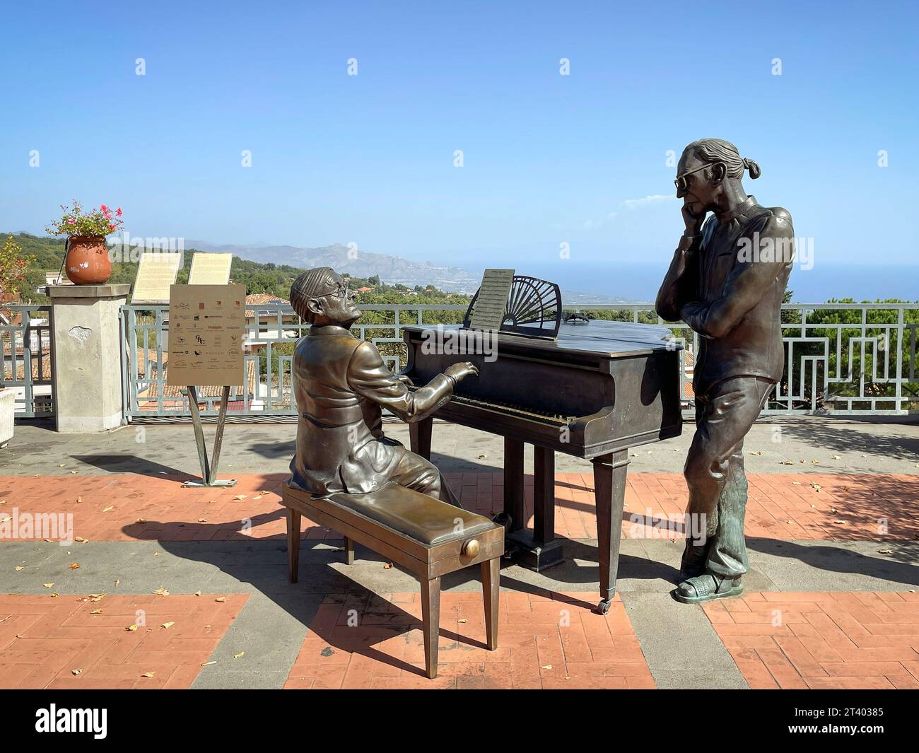 Italy, Sicily, Catania, Milo, Statue of Franco Battiato and Lucio Dalla ...