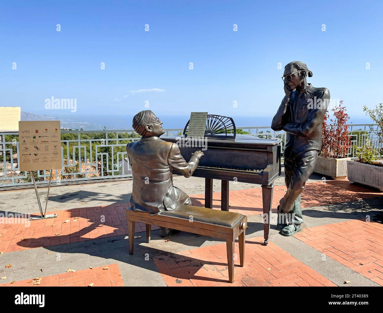 Italy, Sicily, Catania, Milo, Statue of Franco Battiato and Lucio Dalla ...