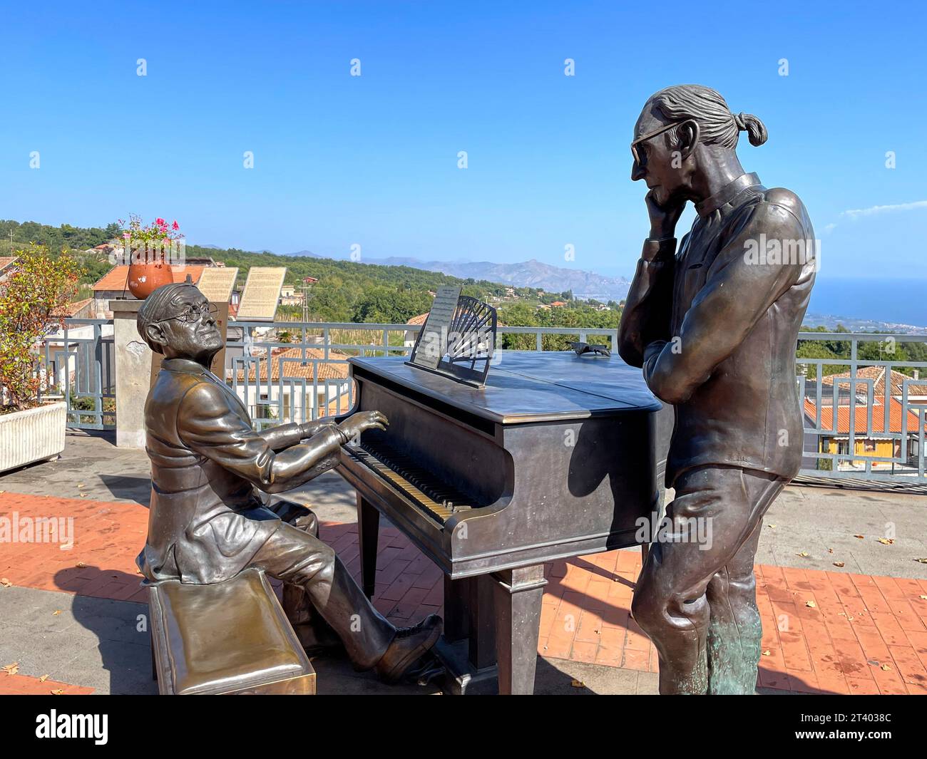 Italy, Sicily, Catania, Milo, Statue of Franco Battiato and Lucio Dalla ...