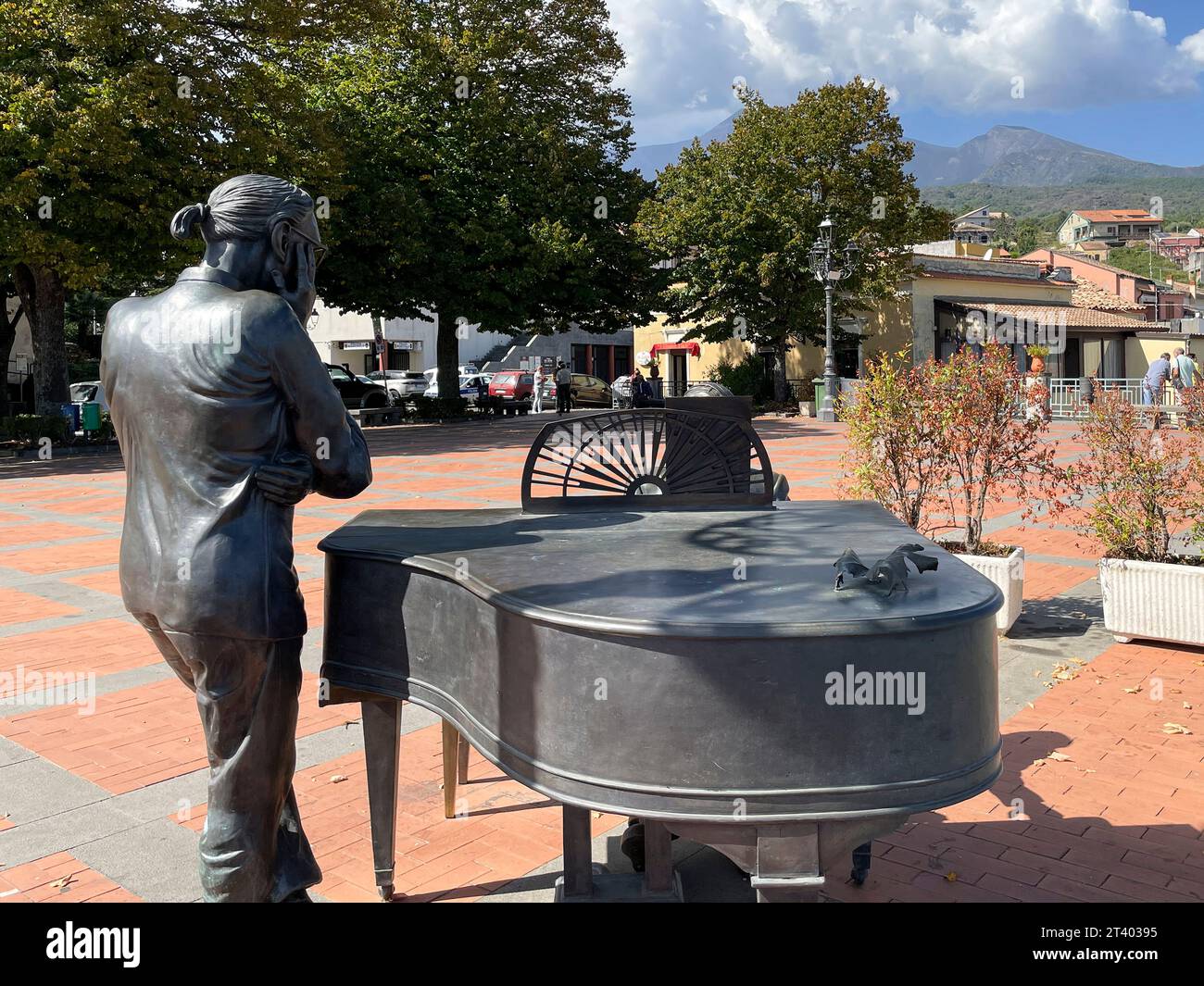 Italy, Sicily, Catania, Milo, Statue of Franco Battiato and Lucio Dalla ...