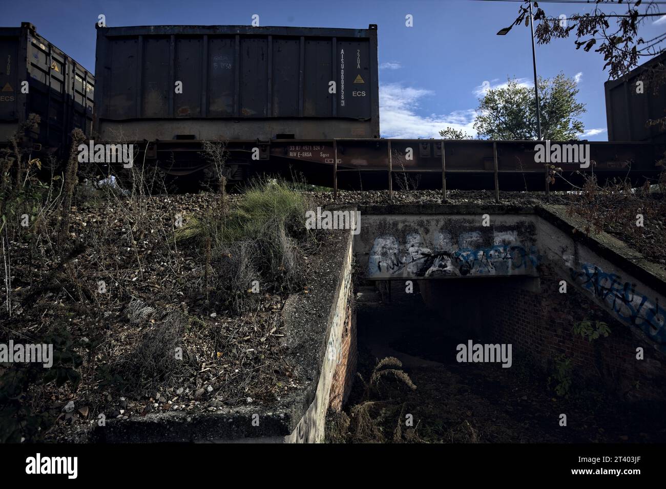 Freight train on an embankment over a passage in a park Stock Photo - Alamy