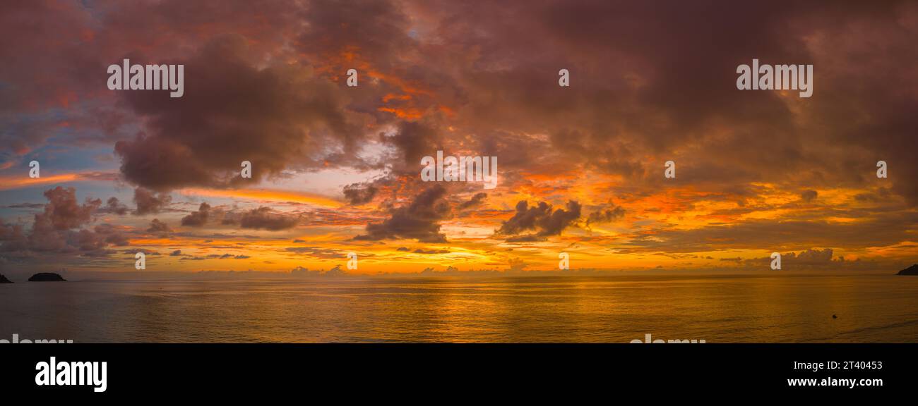 aerial view amazing sky in sunset above the ocean at Karon beach Phuket ...