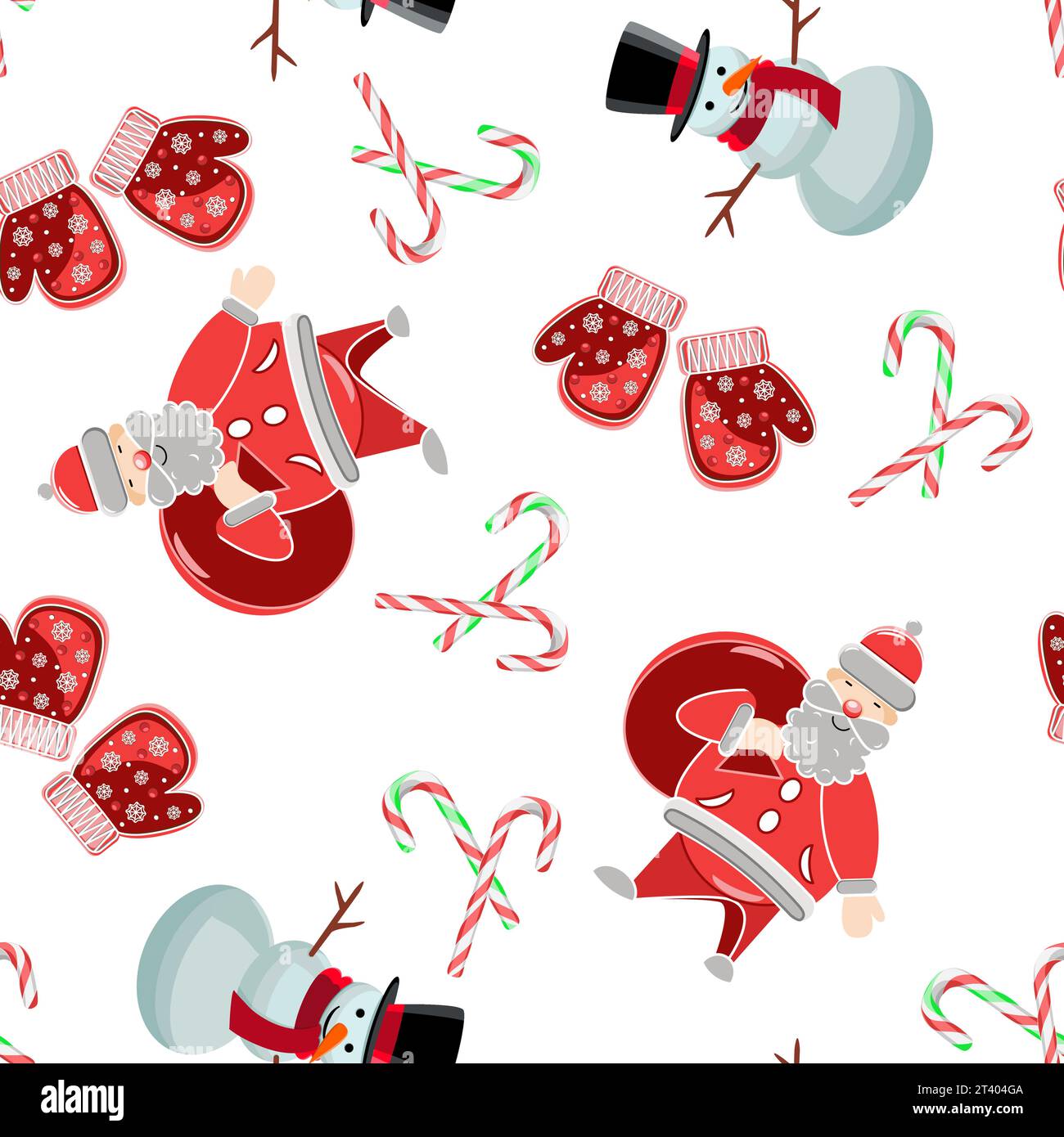 Seamless pattern with Santa Claus, snowman, mittens and candy canes ...