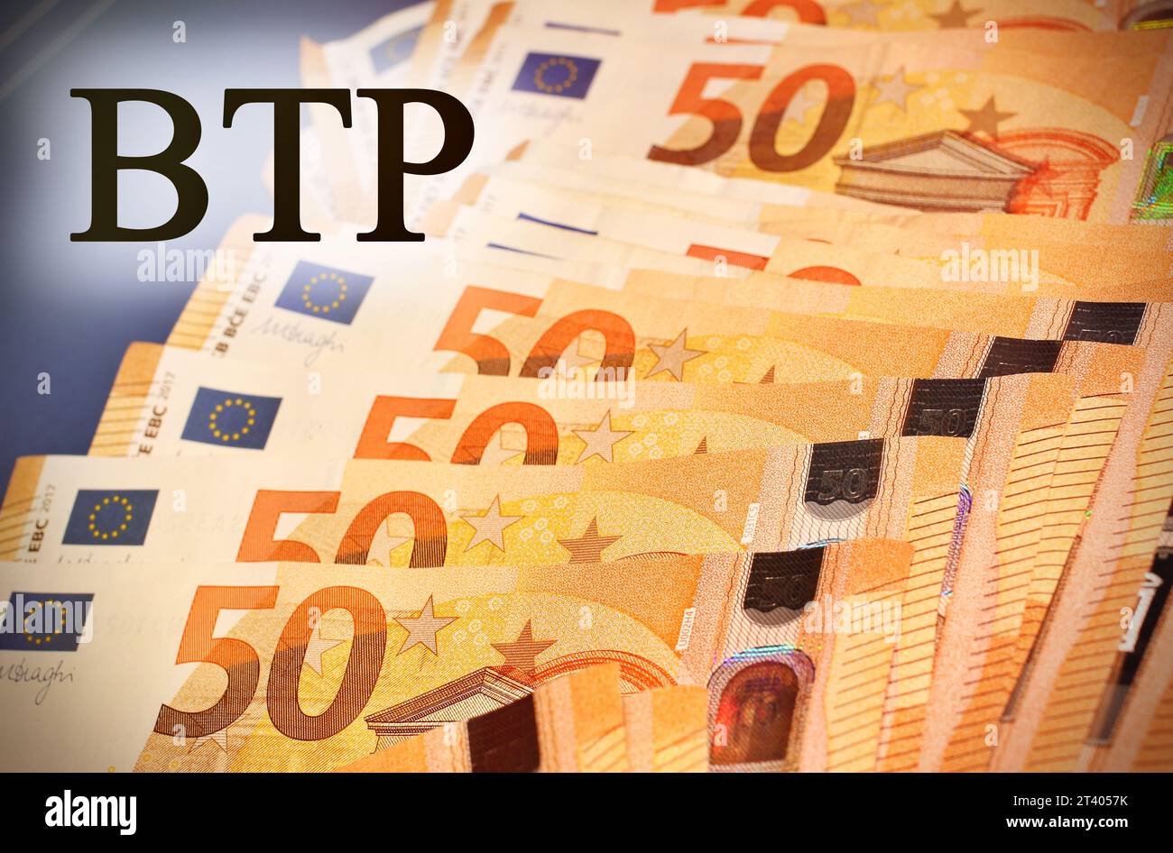 Euro banknotes with the text “BTP” translating as Italian government ...