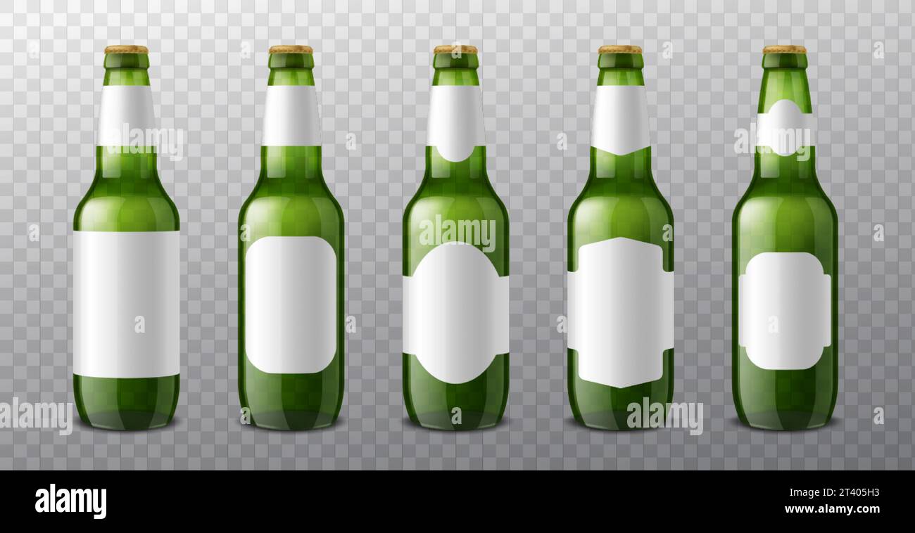 Beer bottle labels. 3d realistic green glass bottles with different ...