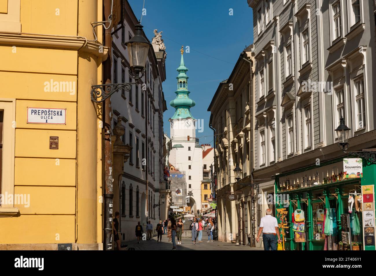 Pedestrian only streets of the Old Town of Bratislava with Michaels ...