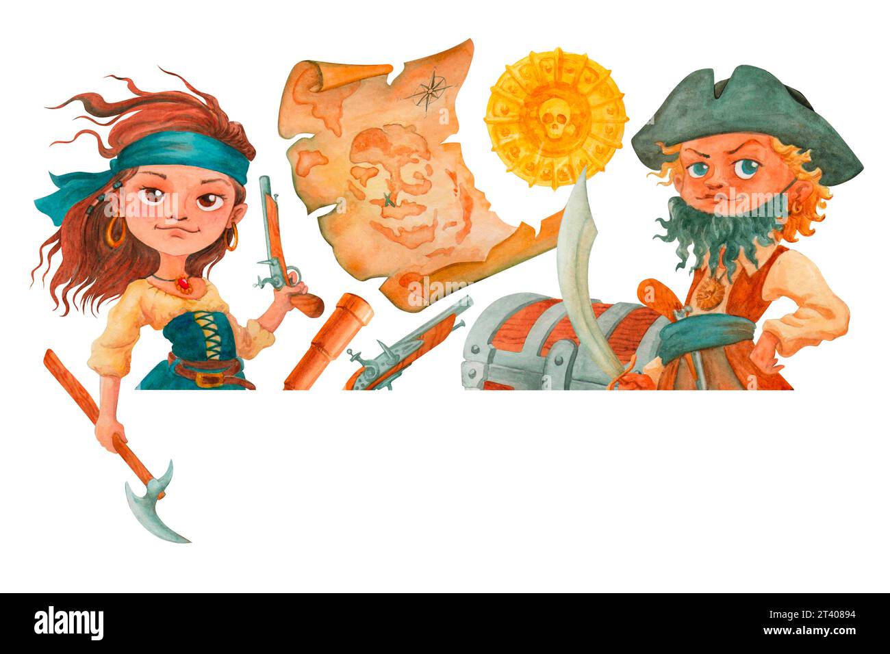 Cute pirates. Cartoon characters and objects. Isolated hand drawn ...