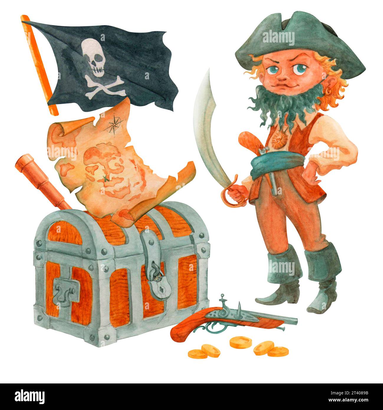 Pirate boy cartoon character in pirate object composition. Includes ...