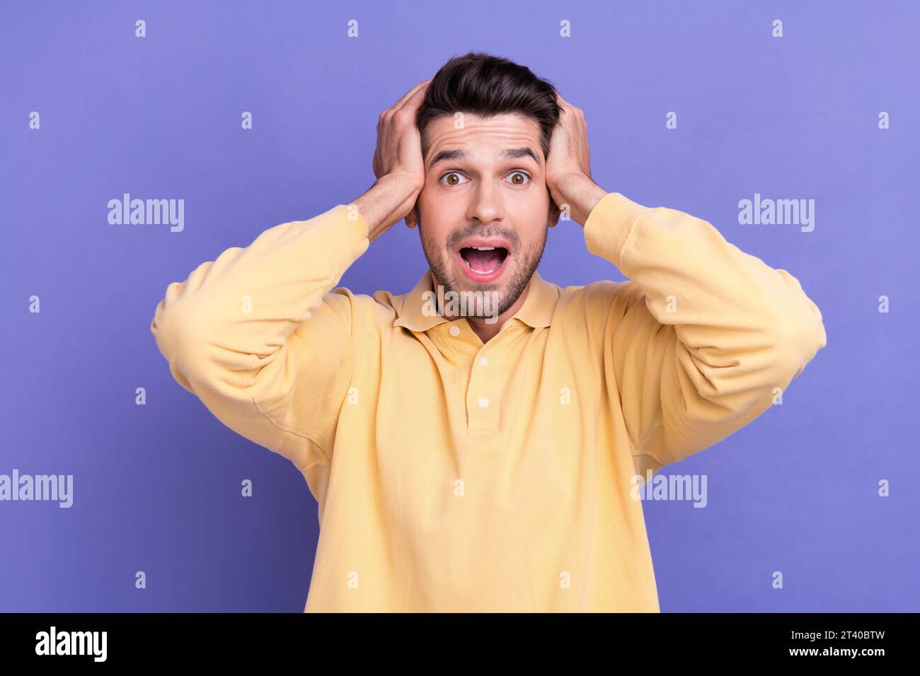 Photo of shocked speechless young person arms touch head open mouth ...