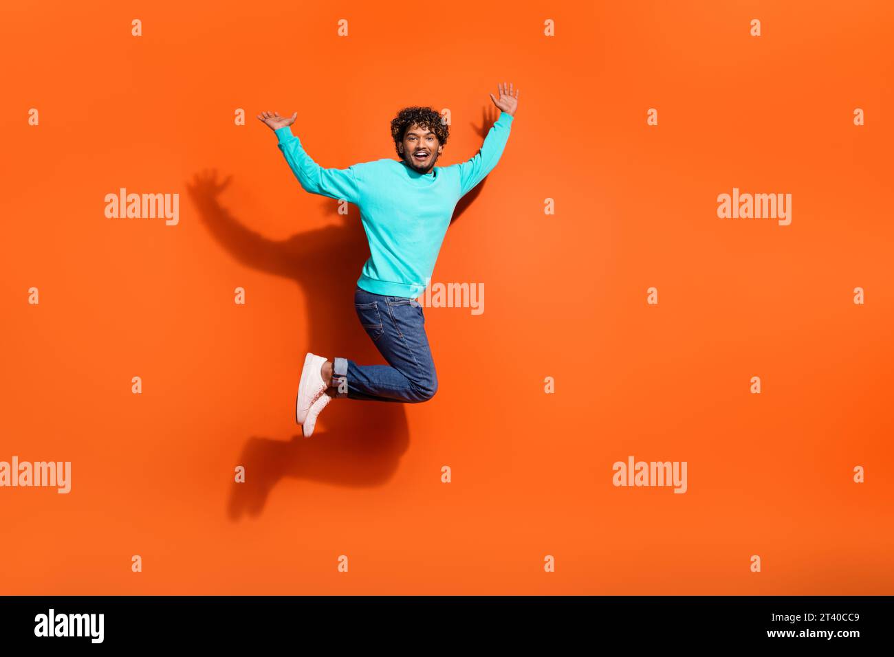 Full length photo of overjoyed funny jumping boyfriend celebrate his ...