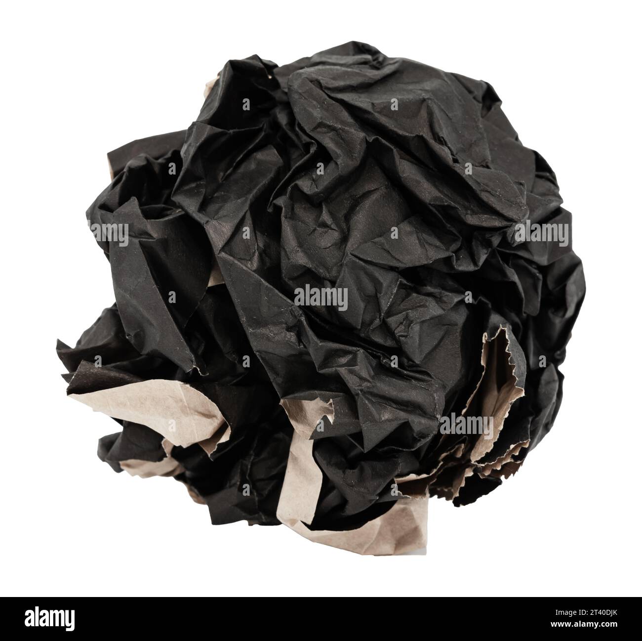 A lump or ball of crumpled black paper on a white background. Crumpled ...