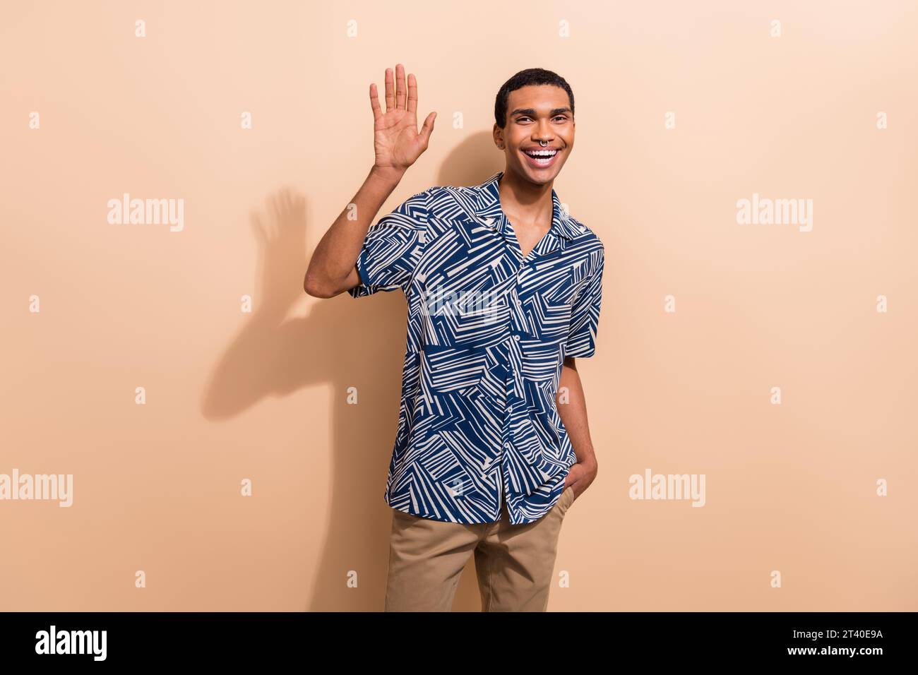 Photo of nice cheerful friendly good mood guy wear blue trendy clothes ...