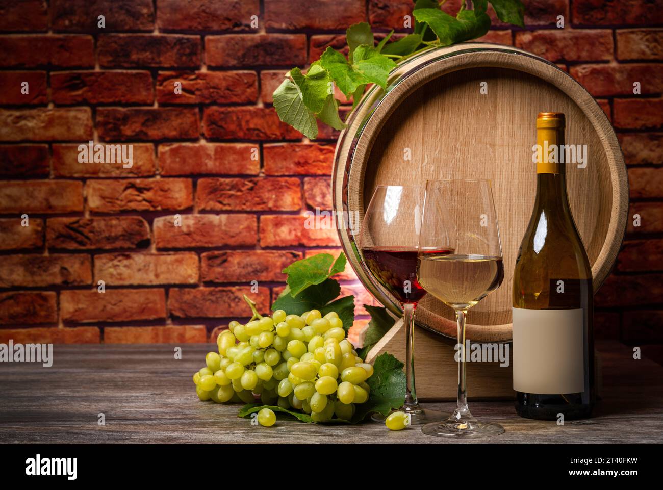Wine cellar background, wood barrel with glasses of wine Stock Photo ...