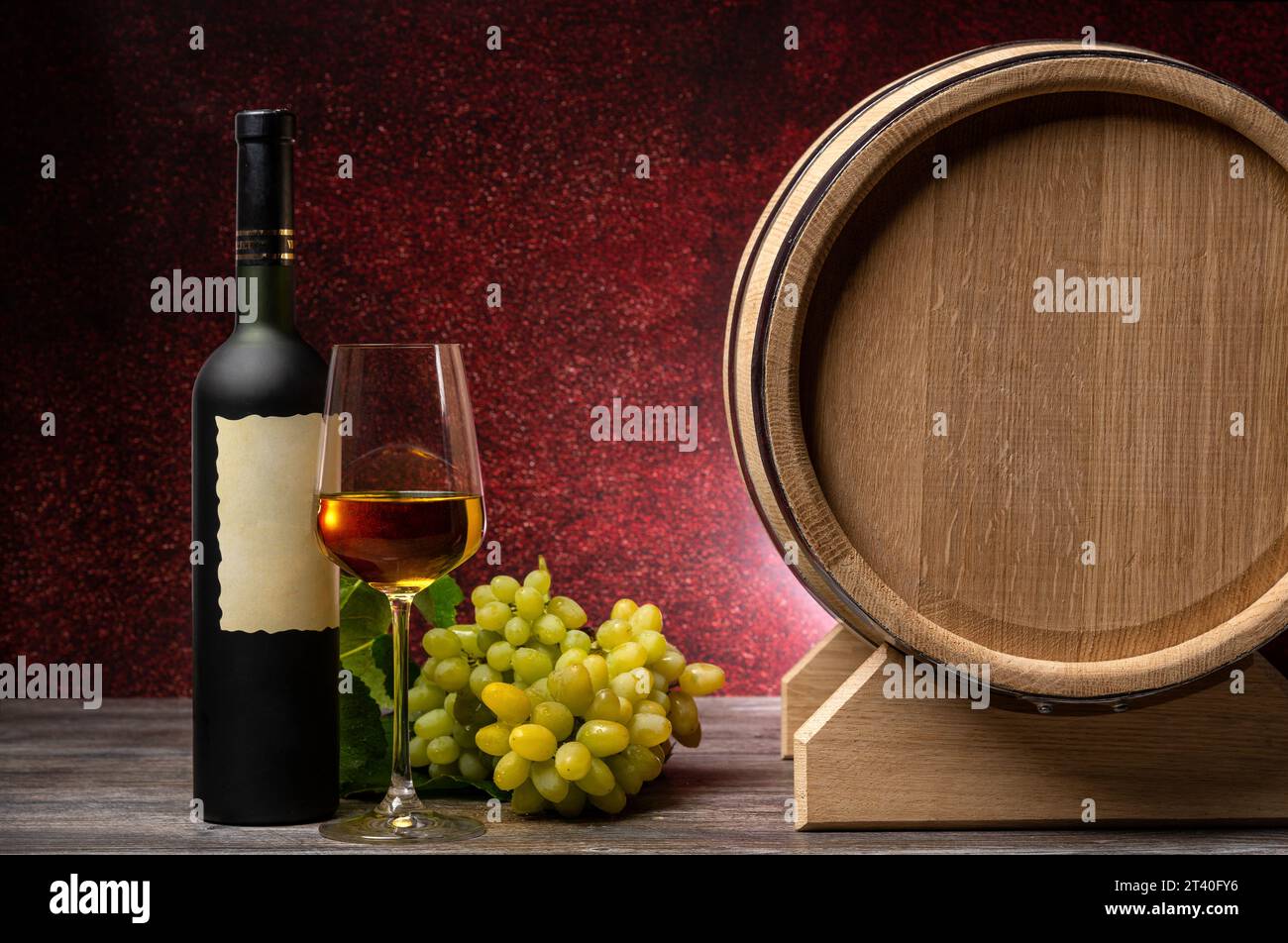 Winery background, oak barrel, wine bottle, glass ang grape Stock Photo ...