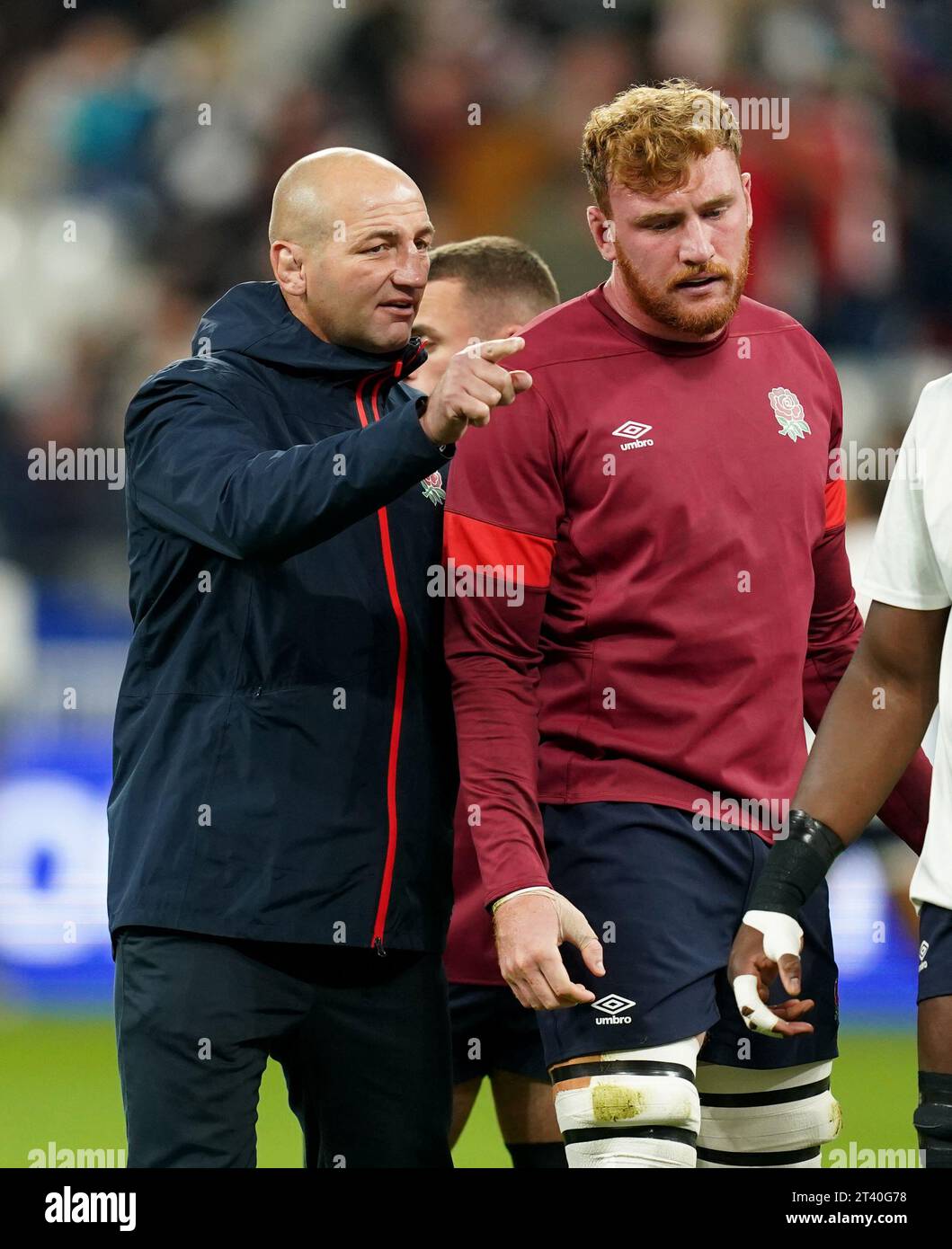 England head coach Steve Borthwick with Ollie Chessum before the Rugby World Cup 2023 bronze ...