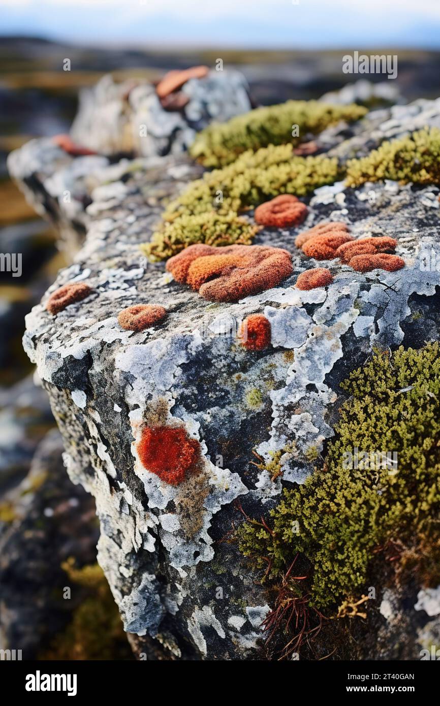 Close up of colorful lichens growing on a rock in the tundra. Various ...