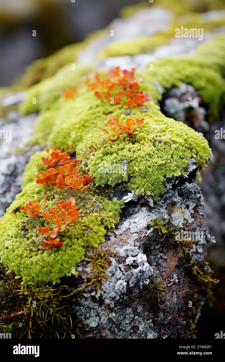 Close up of colorful lichens growing on a rock in the tundra. Various ...