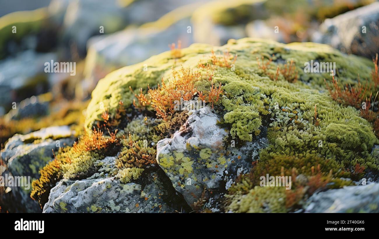 Close up of colorful lichens growing on a rock in the tundra. Various ...
