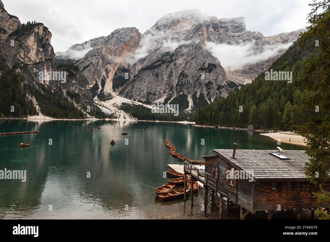 Boathouse on the Lago di Braies (Lake Prags) with the majestic peak of ...