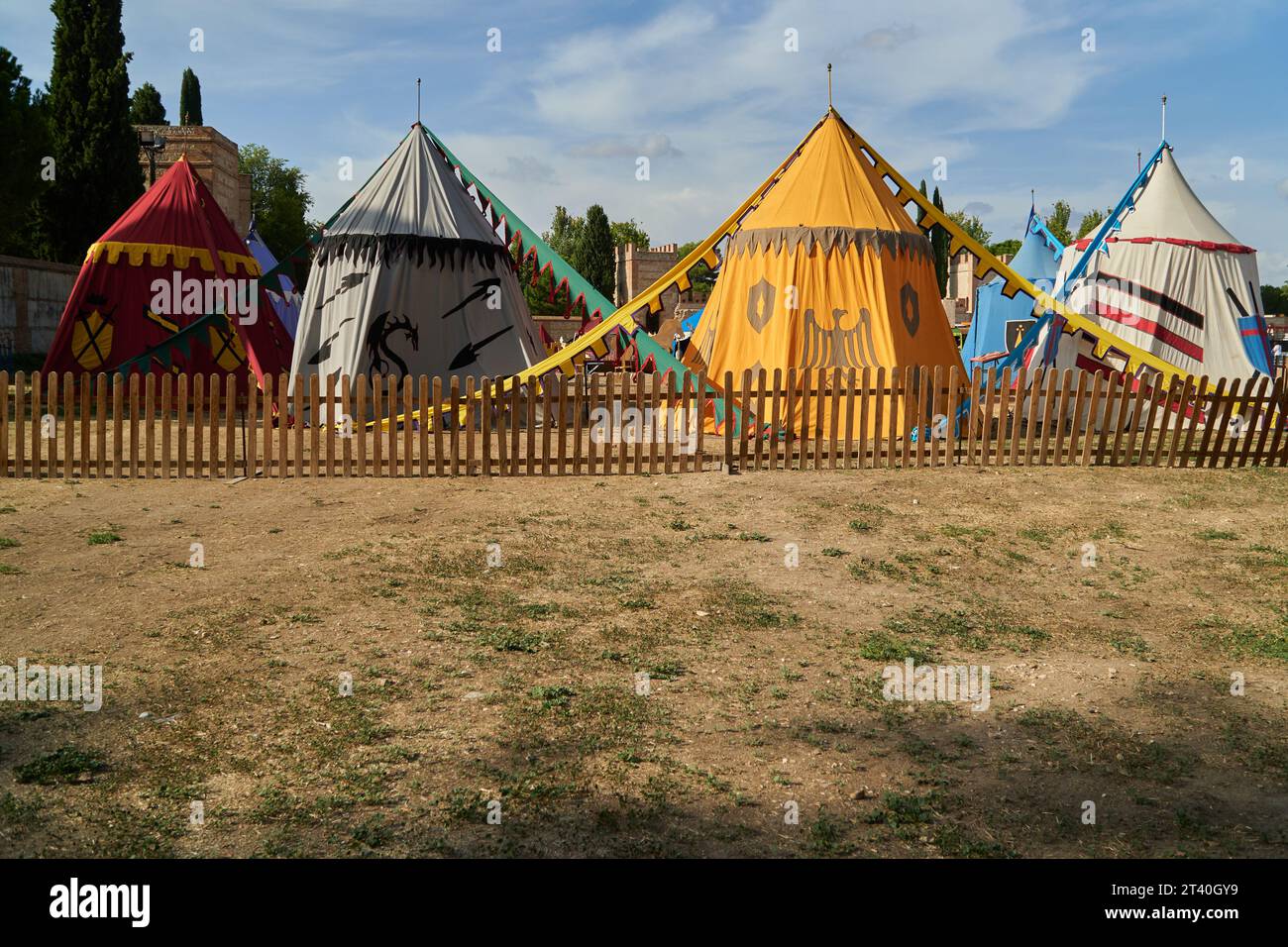 Medieval military canvas camp on an historical reenactment of a ...