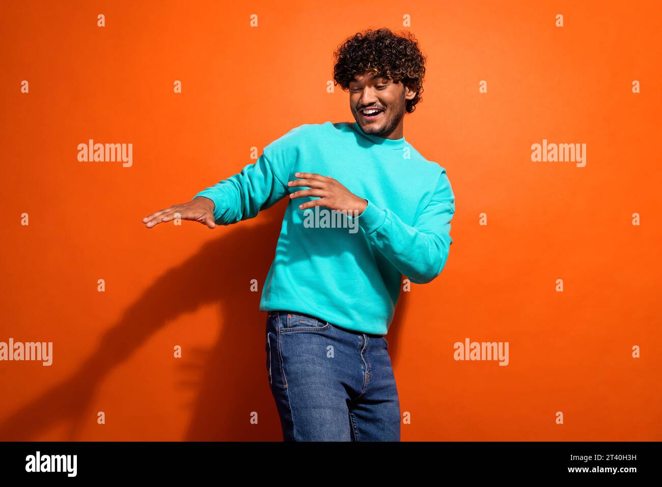 Photo of carefree crazy person have good mood dancing spend free time ...