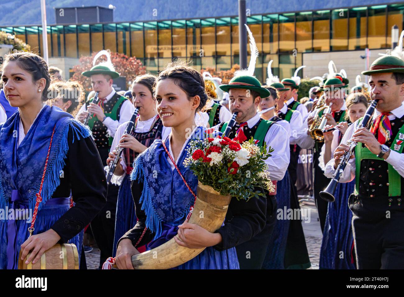Meran, South Tyrol, Italy - 15 October 2023 Traditional parade of music ...
