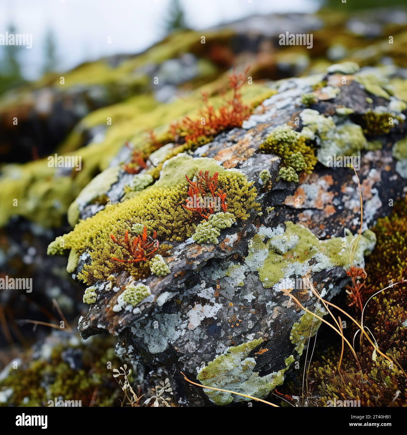 Close up of colorful lichens growing on a rock in the tundra. Various ...
