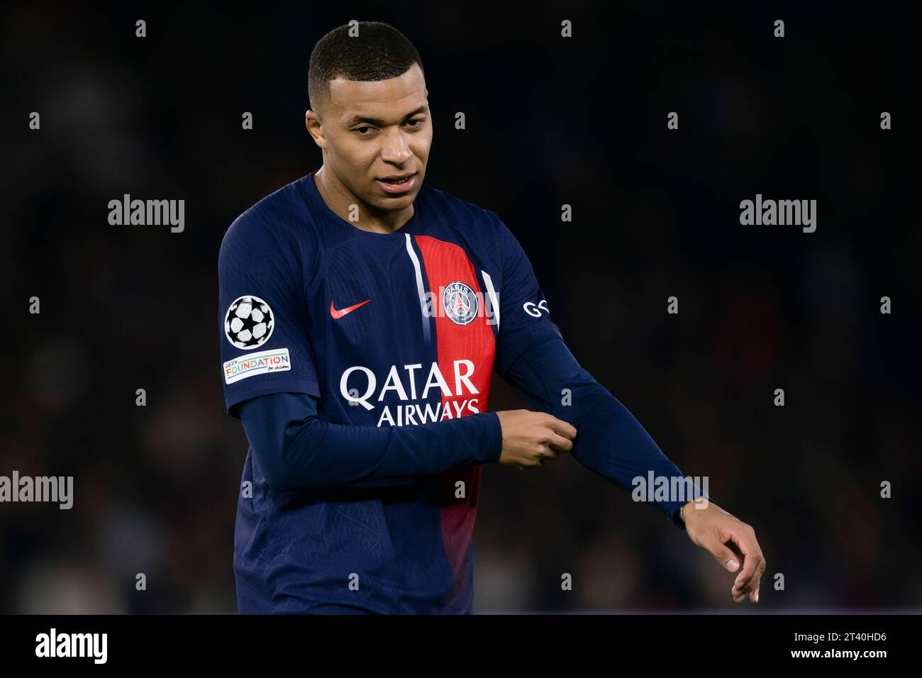 Kylian Mbappe of Paris Saint-Germain FC gestures during the UEFA ...