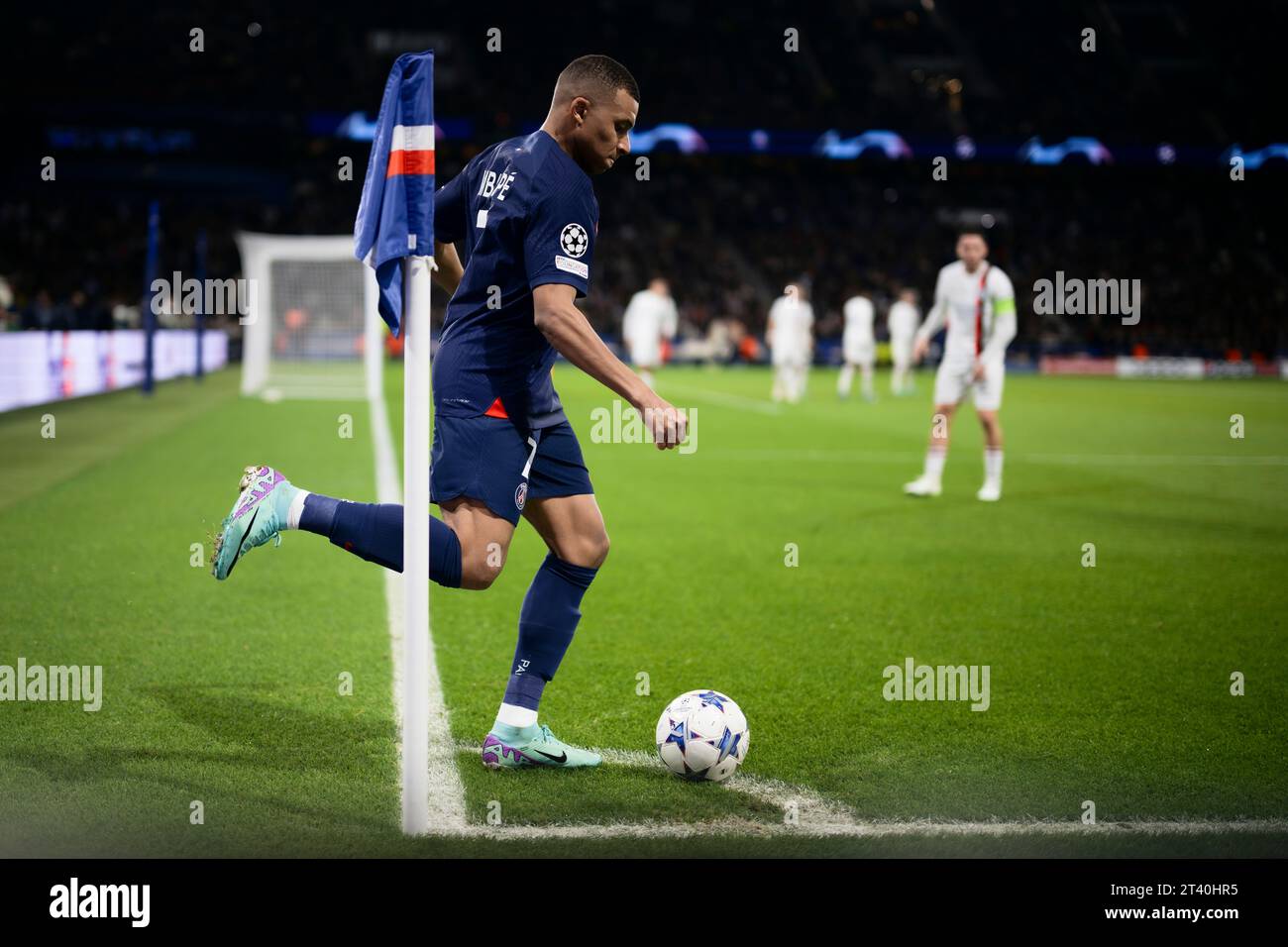 Kylian Mbappe of Paris Saint-Germain FC takes a corner kick during the ...