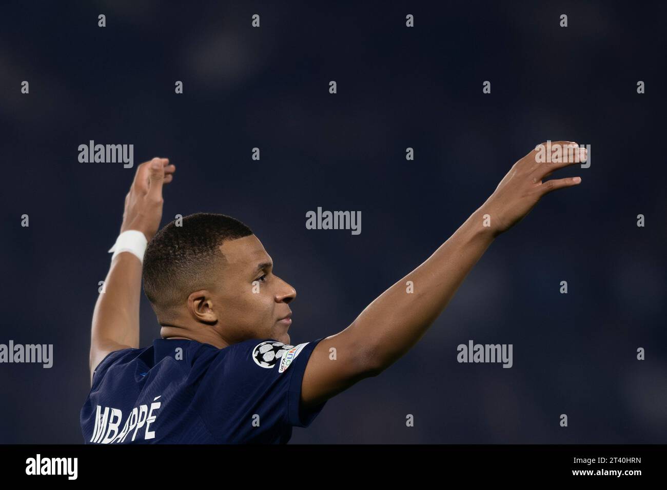 Kylian Mbappe of Paris Saint-Germain FC gestures during the UEFA ...