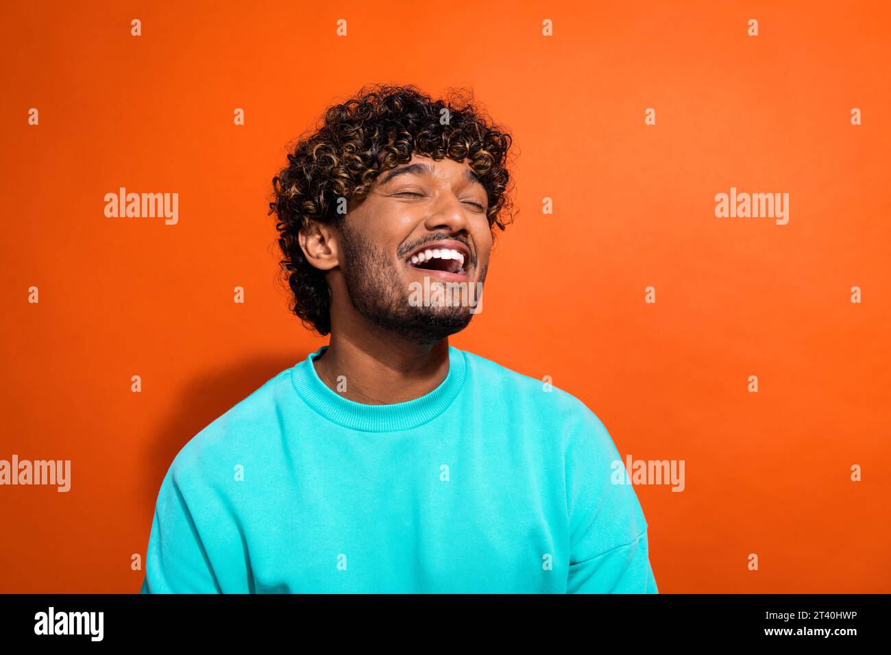 Photo of carefree overjoyed person closed eyes toothy smile good mood ...