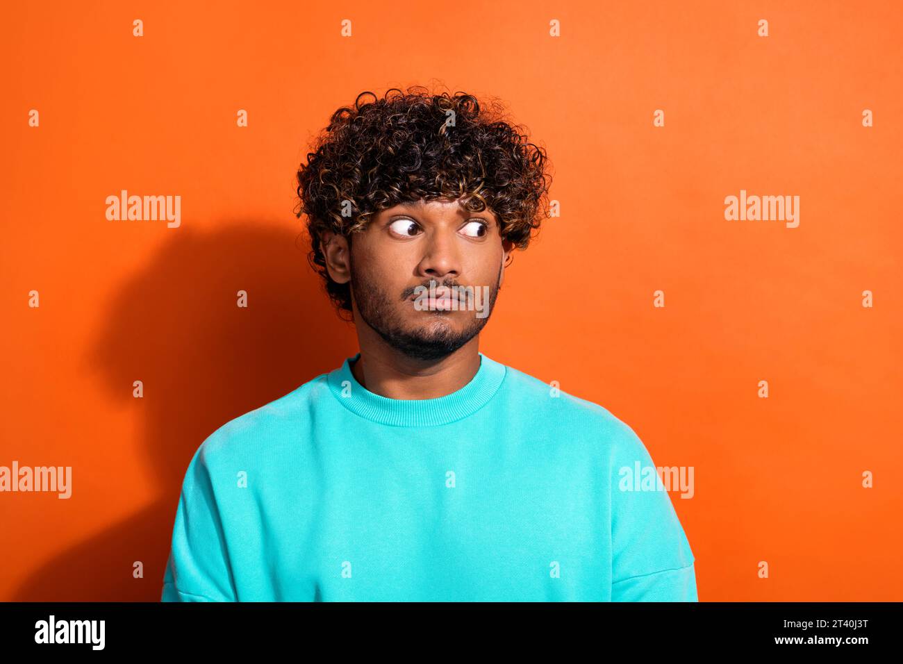 Photo of impressed minded person big eyes look empty space ...