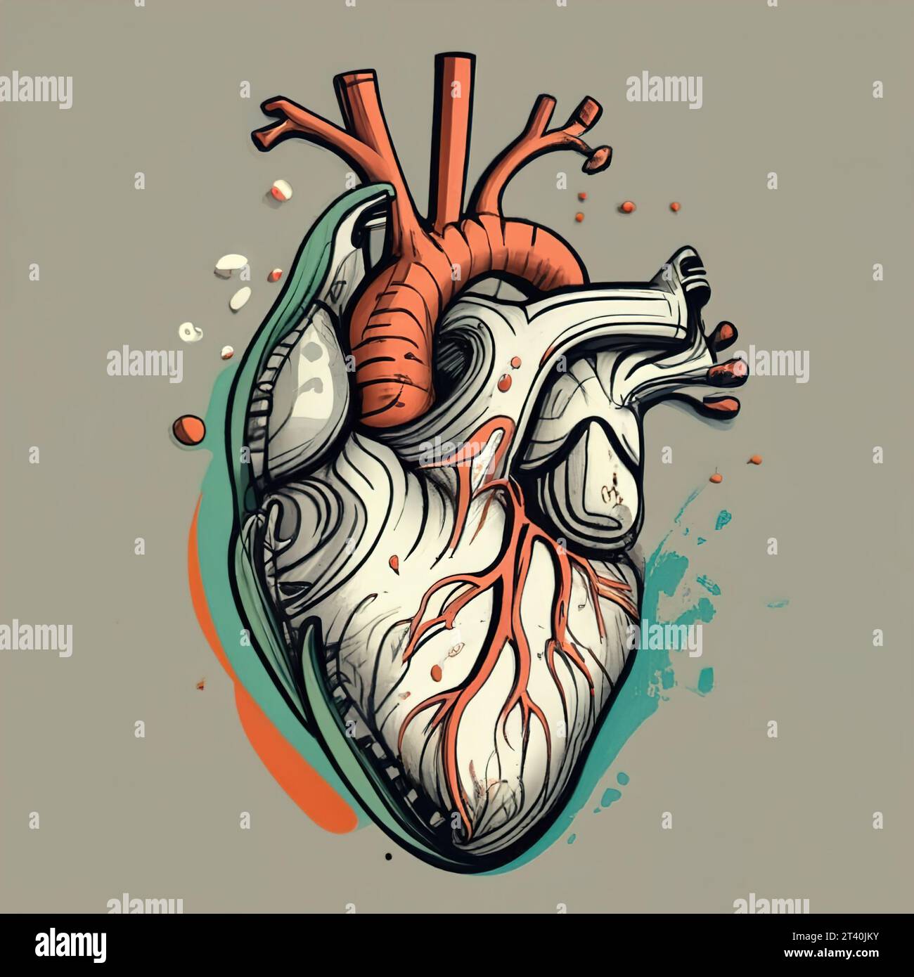 colorful Ink painted real heart, minimalistic, ink drawing style ...
