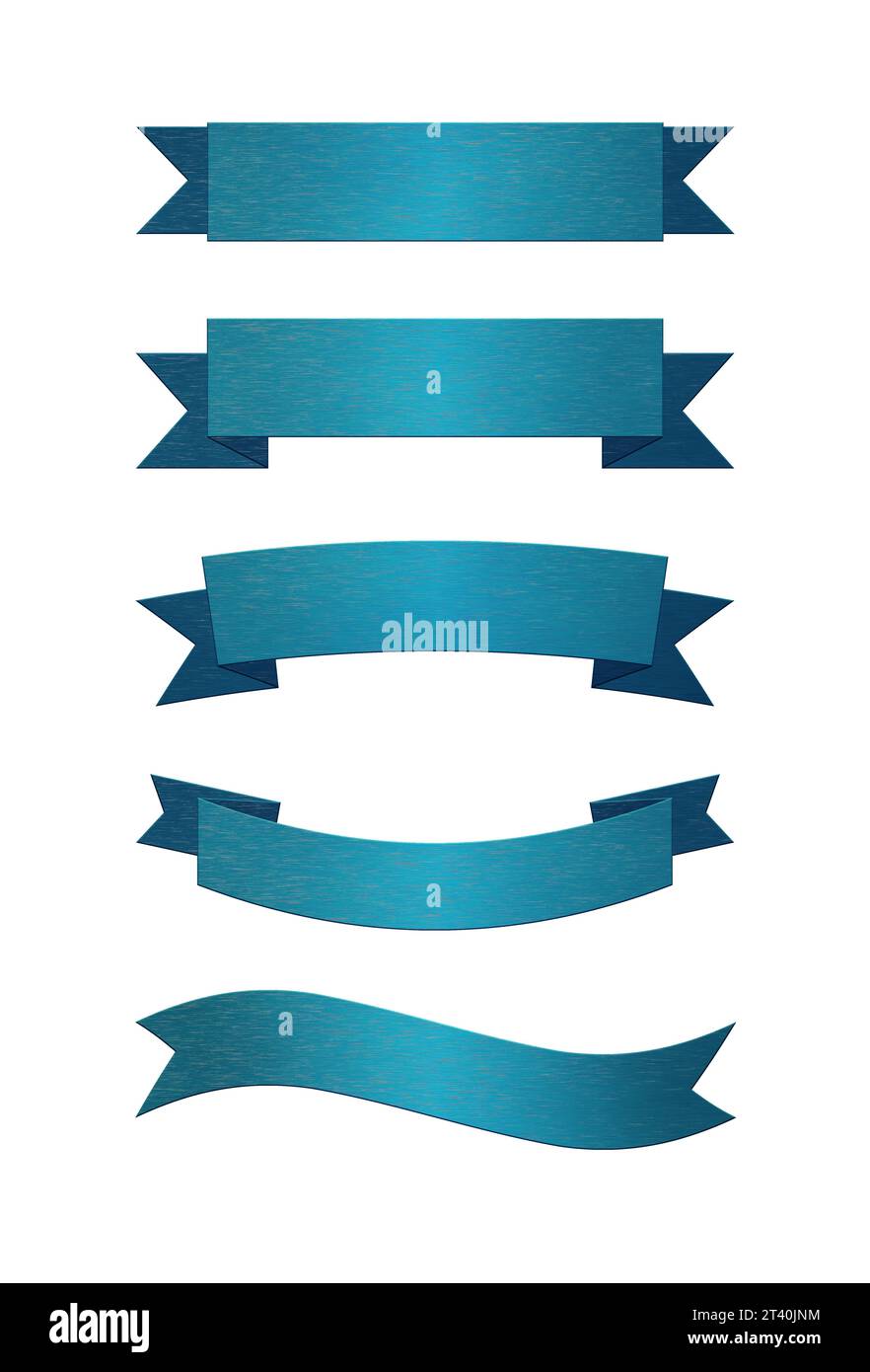 Set of five different blue brushed metal ribbon banners isolated on ...