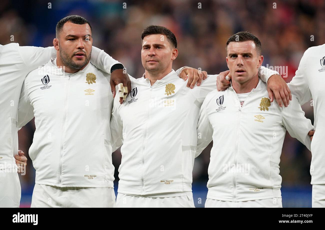Left to right, England's Ellis Genge, Ben Youngs and George Ford before ...